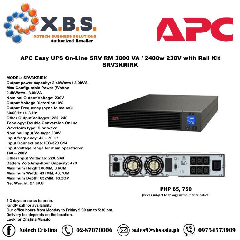 APC Easy UPS On-Line SRV RM 3000 VA / 2400w 230V with Rail Kit ...