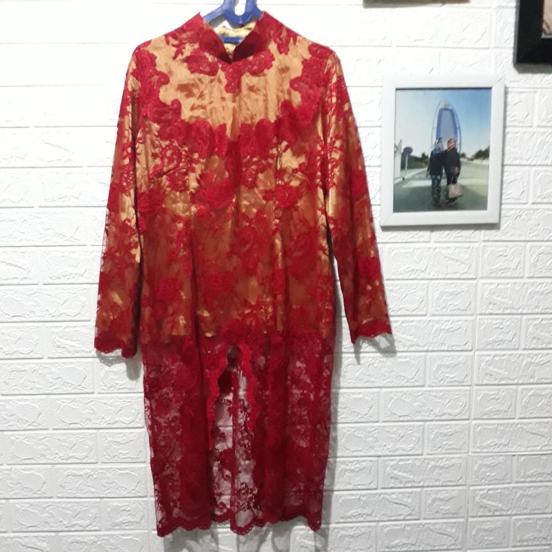 Set Busana Pesta Brokat & Songket / red gold cheongsam inspired ...