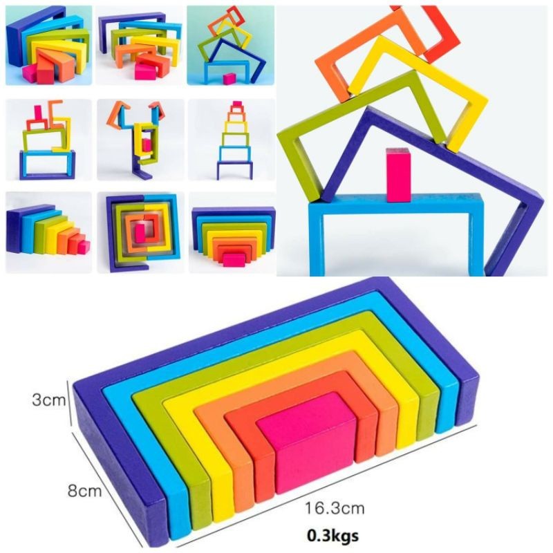 Montessori Wooden Rectangle Rainbow Stacker Nesting Puzzle Blocks ...