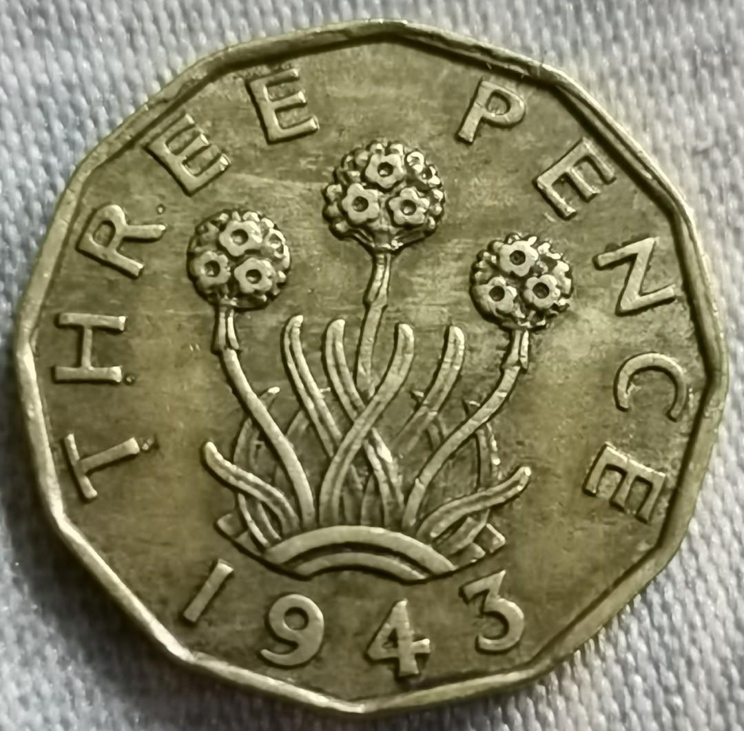 C63- 1943 Britain 3 Pence brass coin 21.8mm X 2.6mm Thick, Hobbies ...