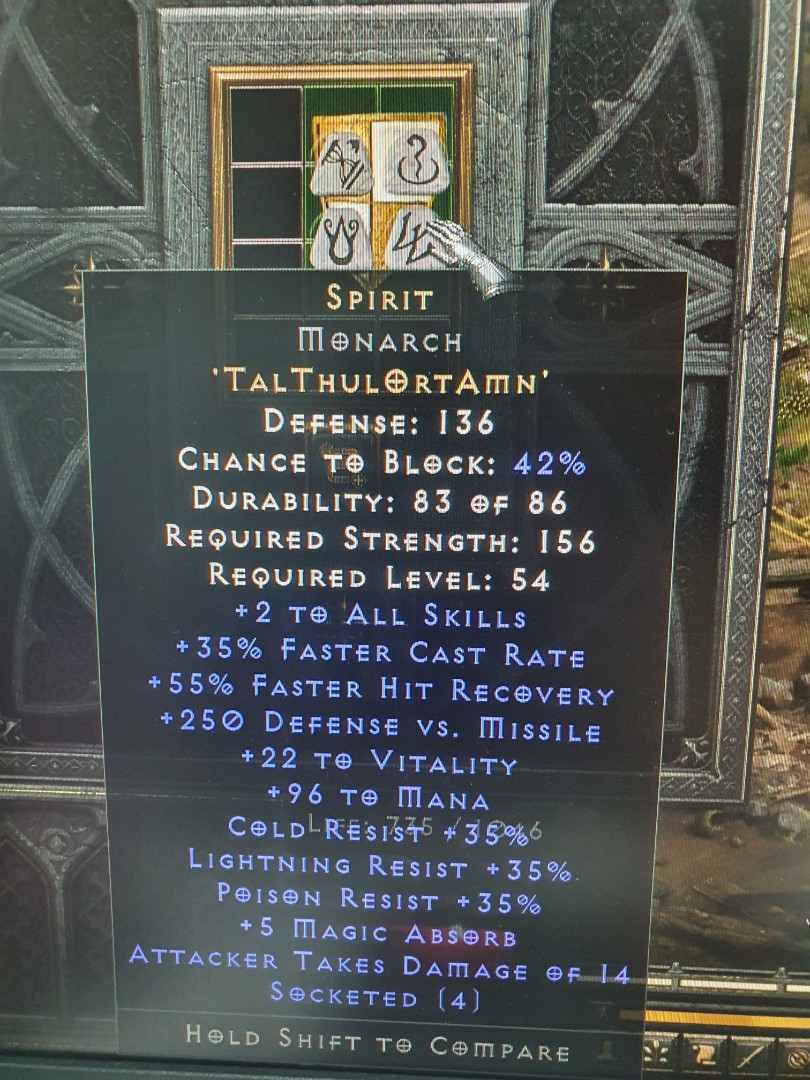 D2R - Perfect 35% FCR Spirit Monarch!, Video Gaming, Gaming Accessories ...