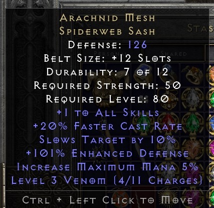 Diablo 2 Arachnid Mesh Spiderweb Sash Belt +1 Skill Belt and 20% FCR ...