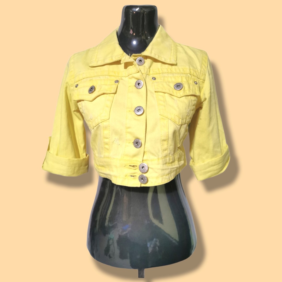 Highway jeans crop top pastel yellow denim jacket, Women's Fashion ...