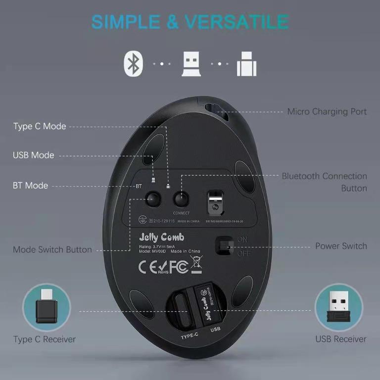 Jelly Comb MV09D Type-C Wireless Bluetooth Ergonomic Mouse Rechargeable ...