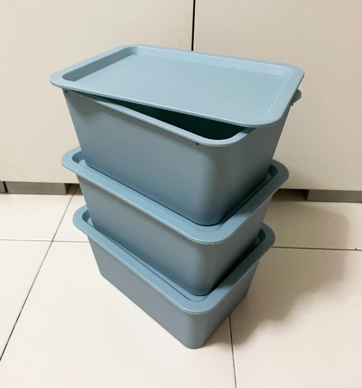 Set of 3 x Daiso Storage Box with Lid (small, blue) - 26cm x 19cm x 11 ...