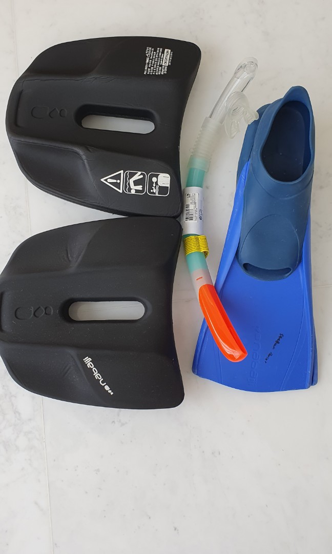 Flippers, kick board and snorkel, Sports Equipment, Sports & Games ...
