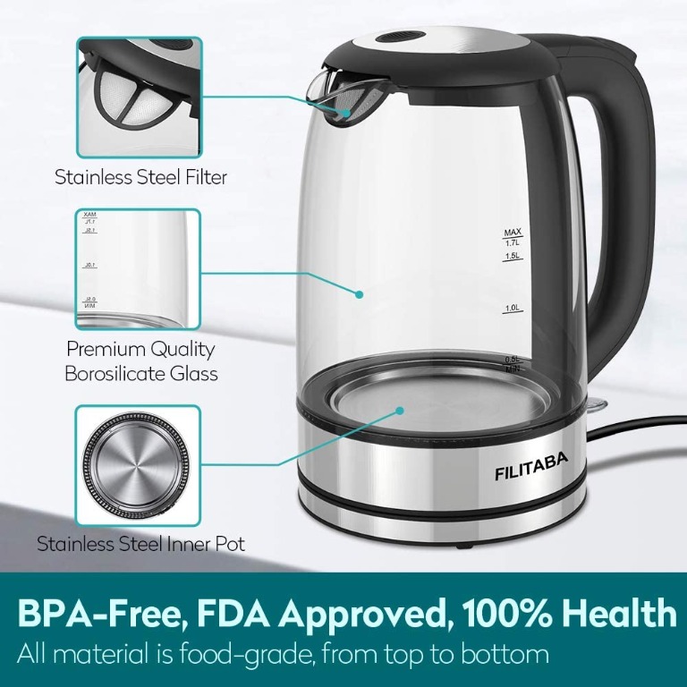 (NO BOX) Electric Kettle, 1.7L Glass Water Kettle with Blue LED ...