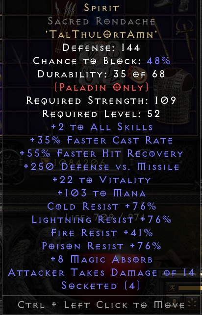 Paladin Spirit Shield 35FCR 41 Res Sacred Rondache: Diablo 2 ...