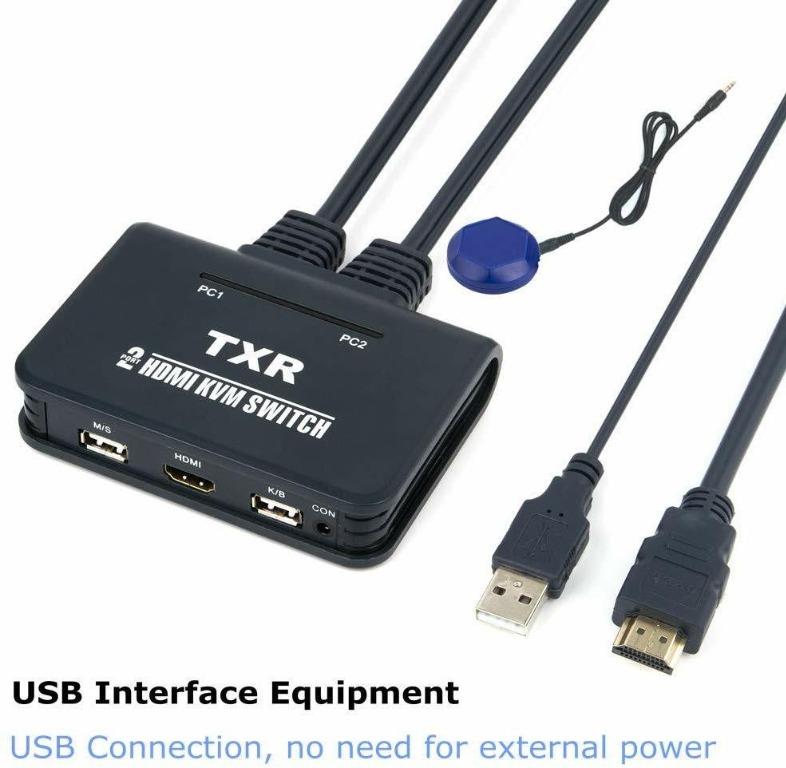 TXR - KVM 2 Port USB + HDMI Switch with Mouse and Keyboard Cable, Color: Black, Computers & Tech ...