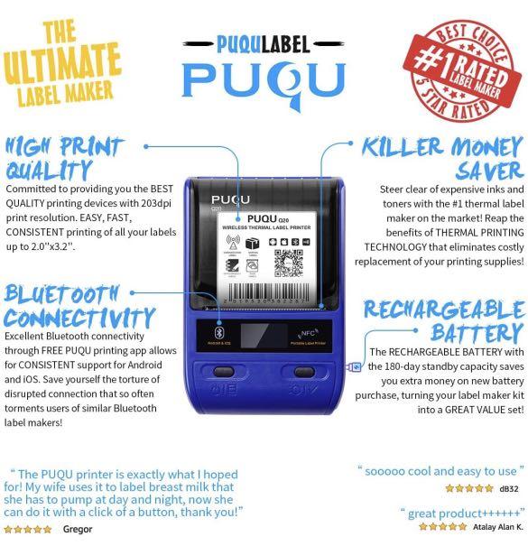 PUQU Label Printer | Portable Bluetooth Thermal Label Maker Q20 with ...