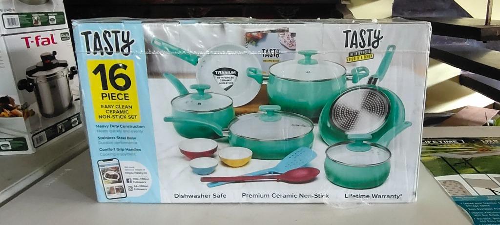 Tasty Ceramic Titanium-Reinforced Cookware Set, Ombre Green, 16 Piece ...