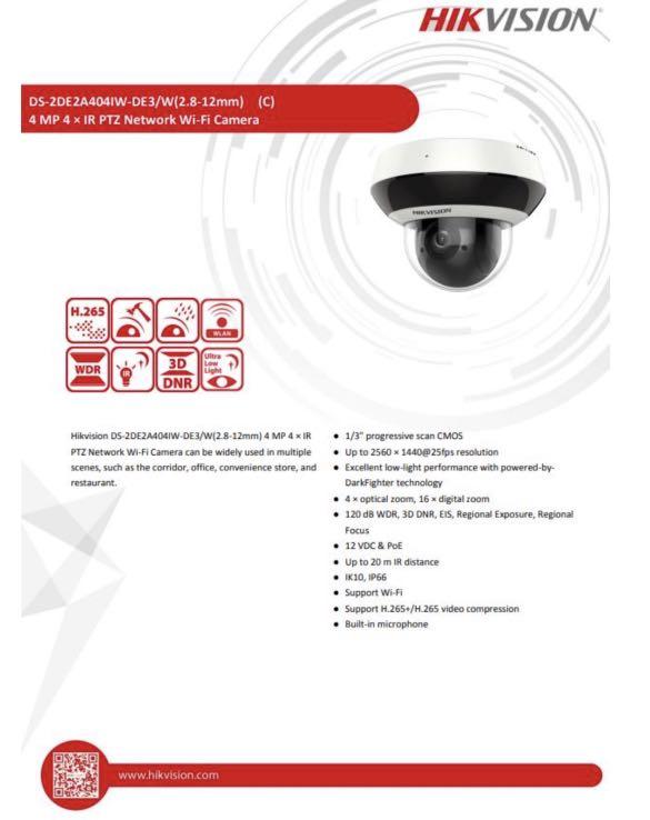 Hikvision 4MP Wifi PTZ Network IP Camera - Pan Tilt Zoom, X4 Optical ...