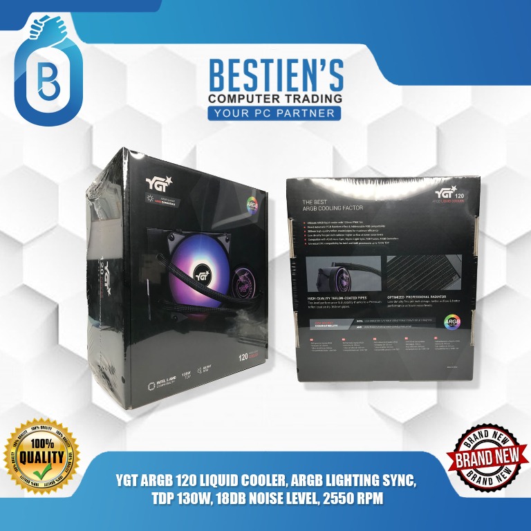 YGT ARGB 120 LIQUID COOLER, ARGB LIGHTING SYNC, TDP 130W, 18DB NOISE LEVEL, 2550 RPM, Computers ...