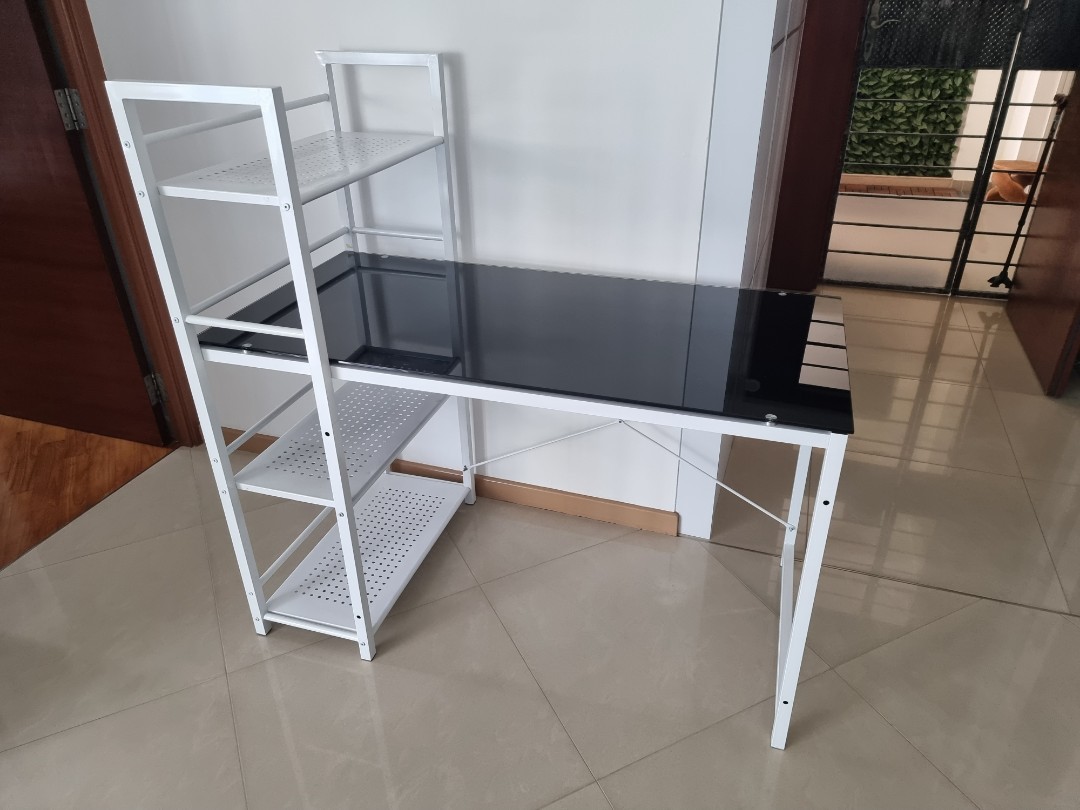 Glass top study table with side shelves, Furniture & Home Living ...