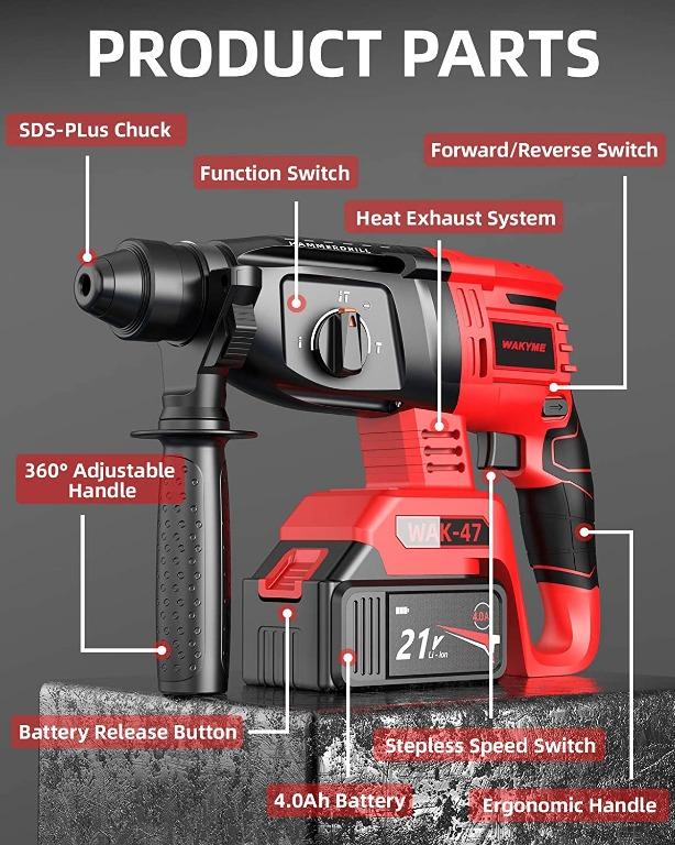 Rotary Hammer Drill Wakyme Sds Plus 1 2 Inch 21v Cordless Demolition
