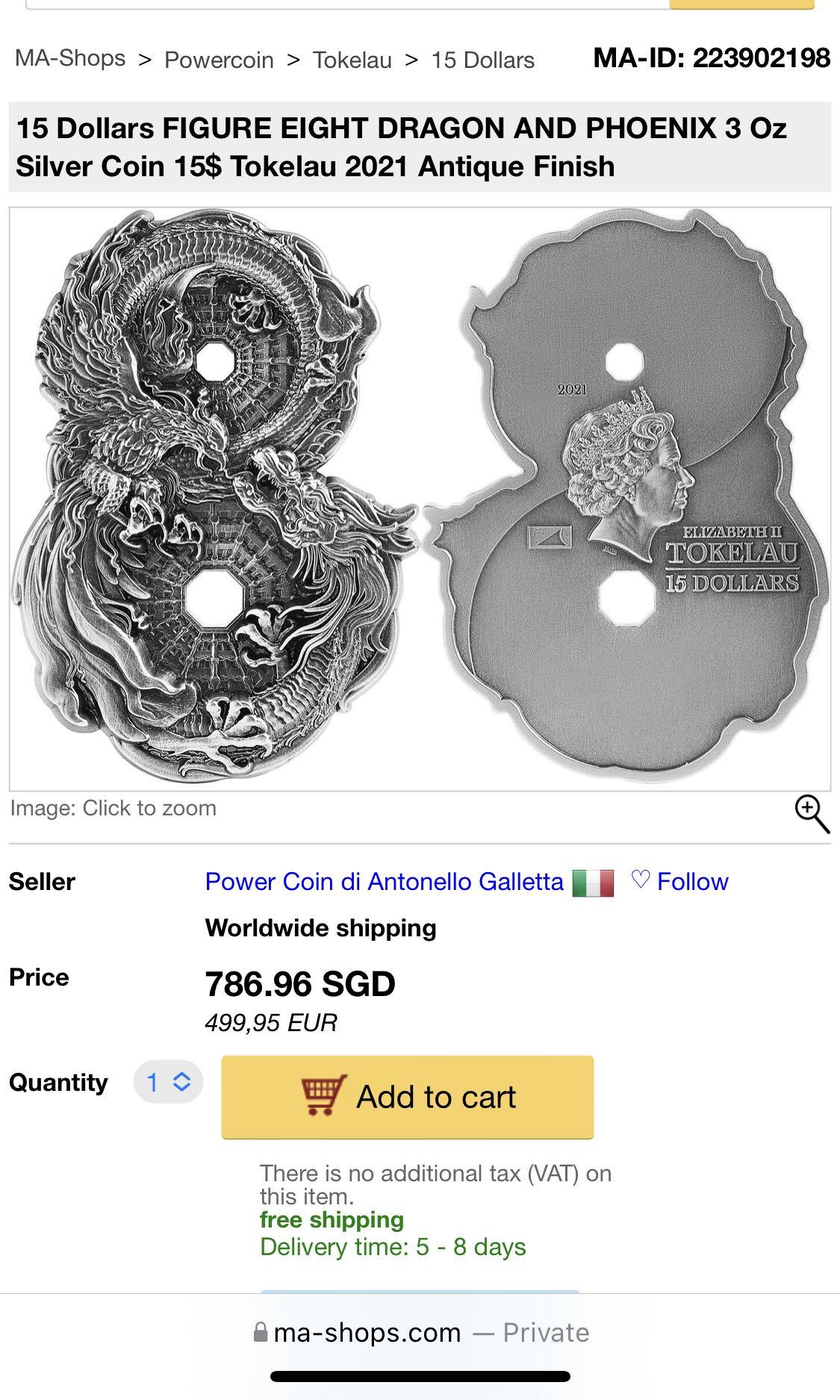Silver coin - Tokelau figure 8 dragon and Phoenix 2021 - antiqued ...