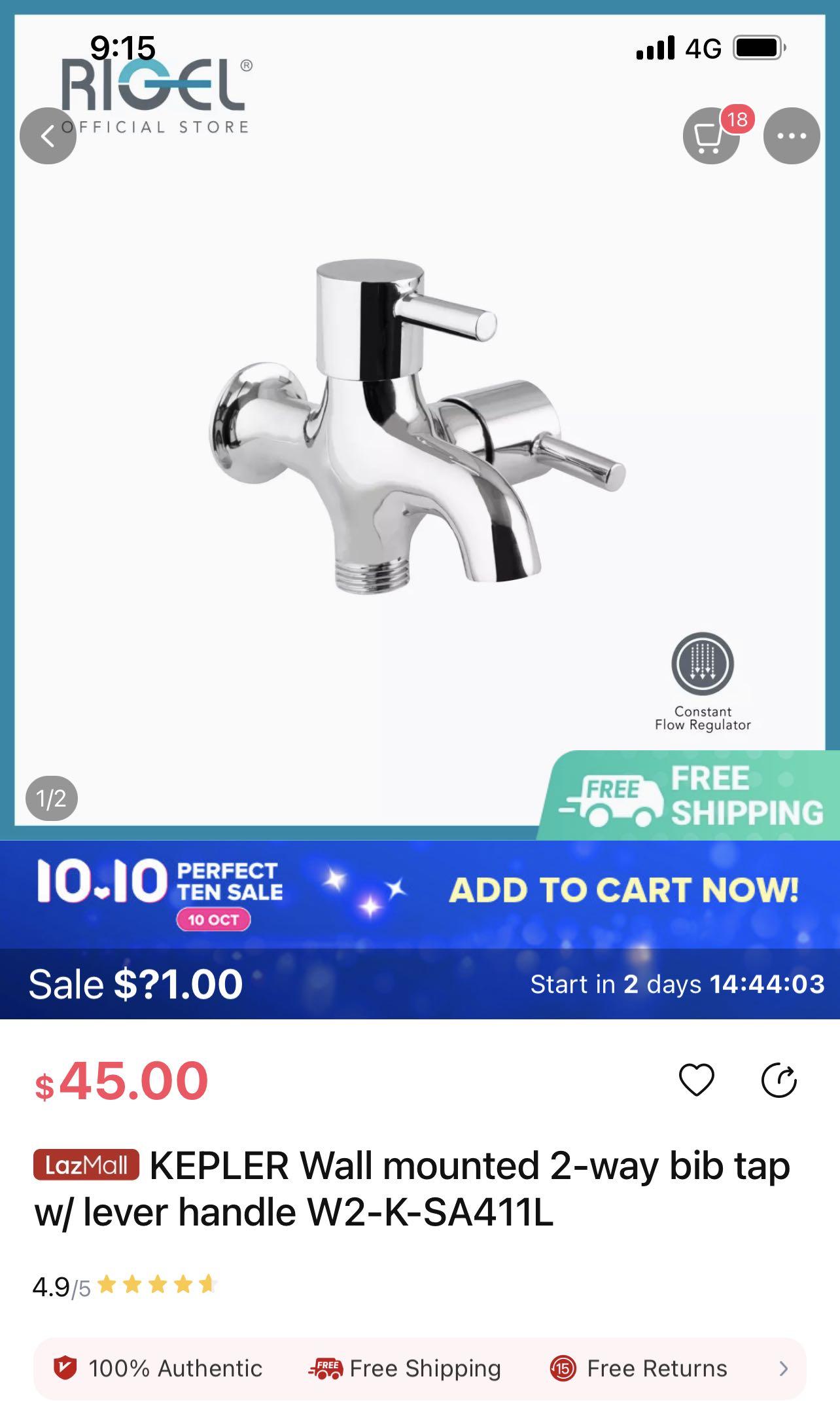 [BNIB] RIGEL wall mounted 2 way bib tap w lever handle W2-K-SA411L, Furniture & Home Living ...