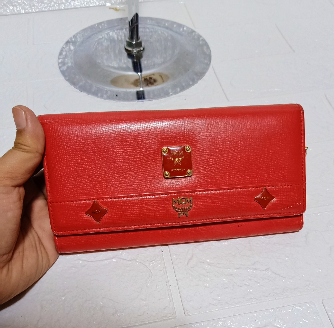Authentic MCM Red Saffiano Leather Studded Logo Long Trifold Wallet W ...