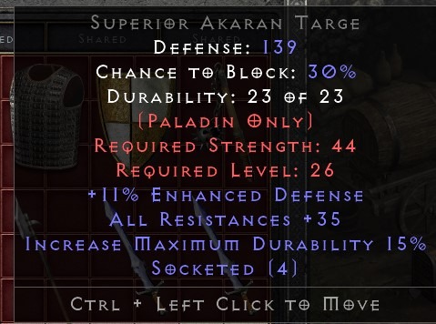Diablo 2 Superior Akaran Targe 11% ED, 139D, 35 All Resist 4 socket ...