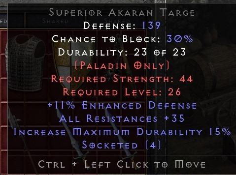 Diablo 2 Superior Akaran Targe 11% ED, 139D, 35 All Resist 4 socket ...