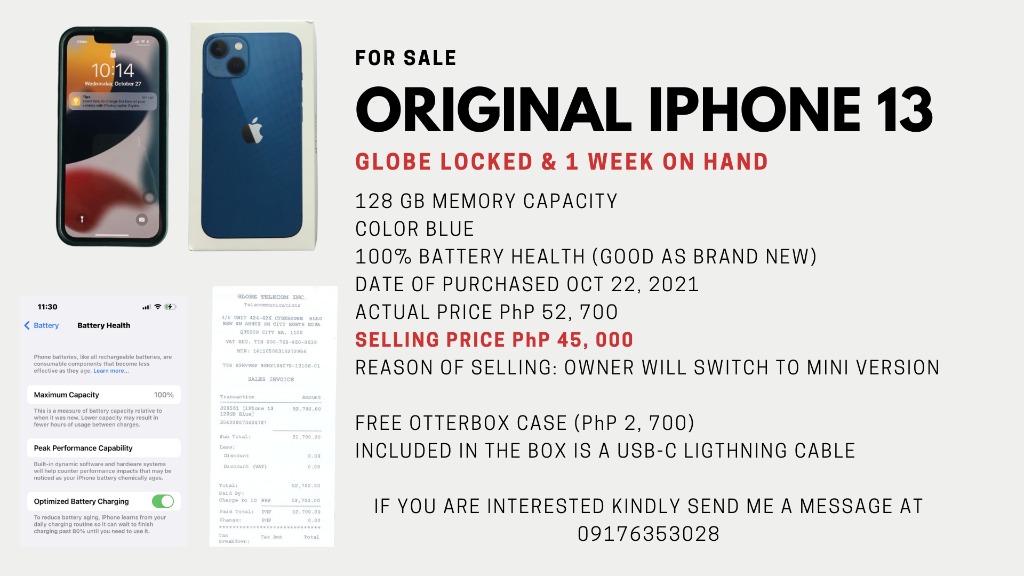 Original iPhone 13 128GB Globe locked & 1 week on hand, Mobile Phones ...