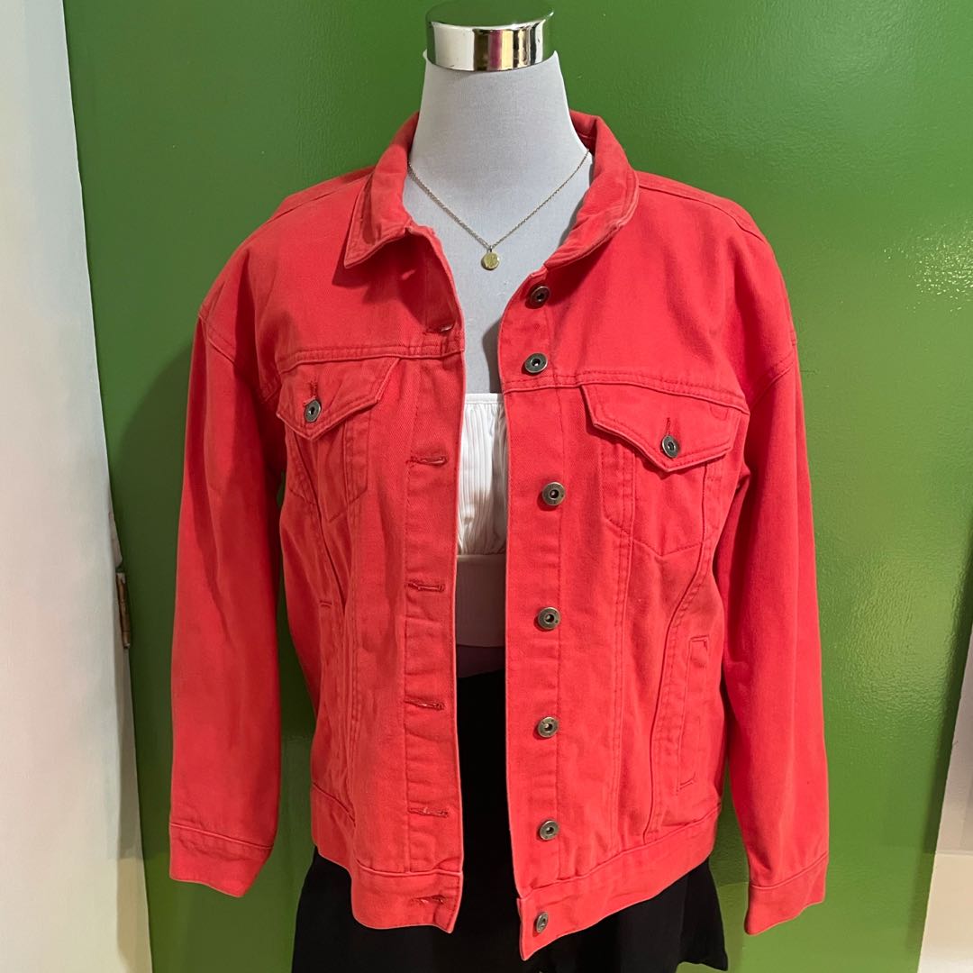 RED DENIM JACKET, Women's Fashion, Coats, Jackets and Outerwear on ...