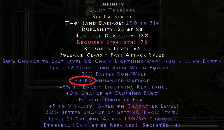 D2R INFINITY 318%ED ETH Giant Thresher (High Roll), Video Gaming ...