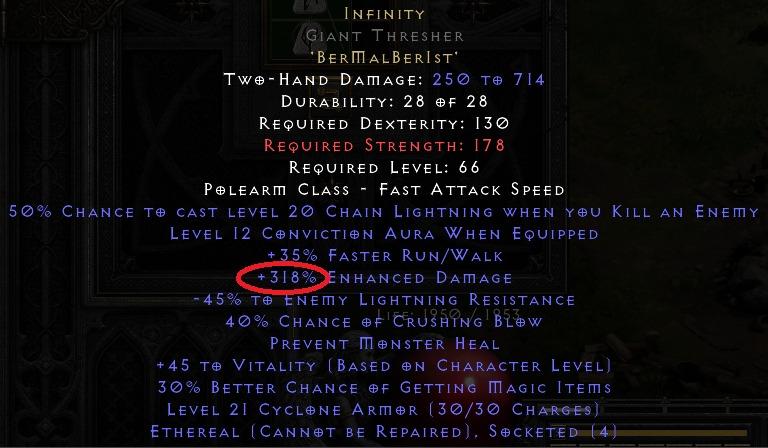 D2R INFINITY 318%ED ETH Giant Thresher (High Roll), Video Gaming ...