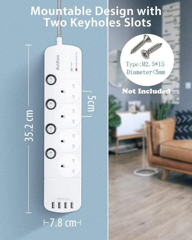 Extension Lead with USB Slots, 4 Way Socket Outlets Power Strips with 4 ...