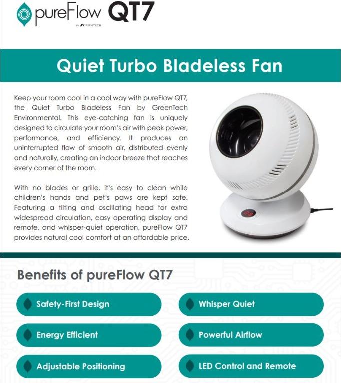 PureFlow QT7 Bladeless Fan, Furniture & Home Living, Lighting & Fans ...