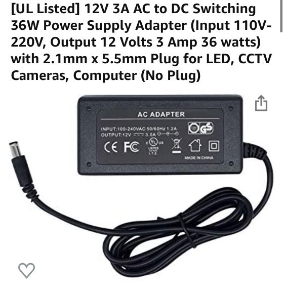 [UL Listed] 12V 3A AC to DC Switching 36W Power Supply Adapter (Input ...