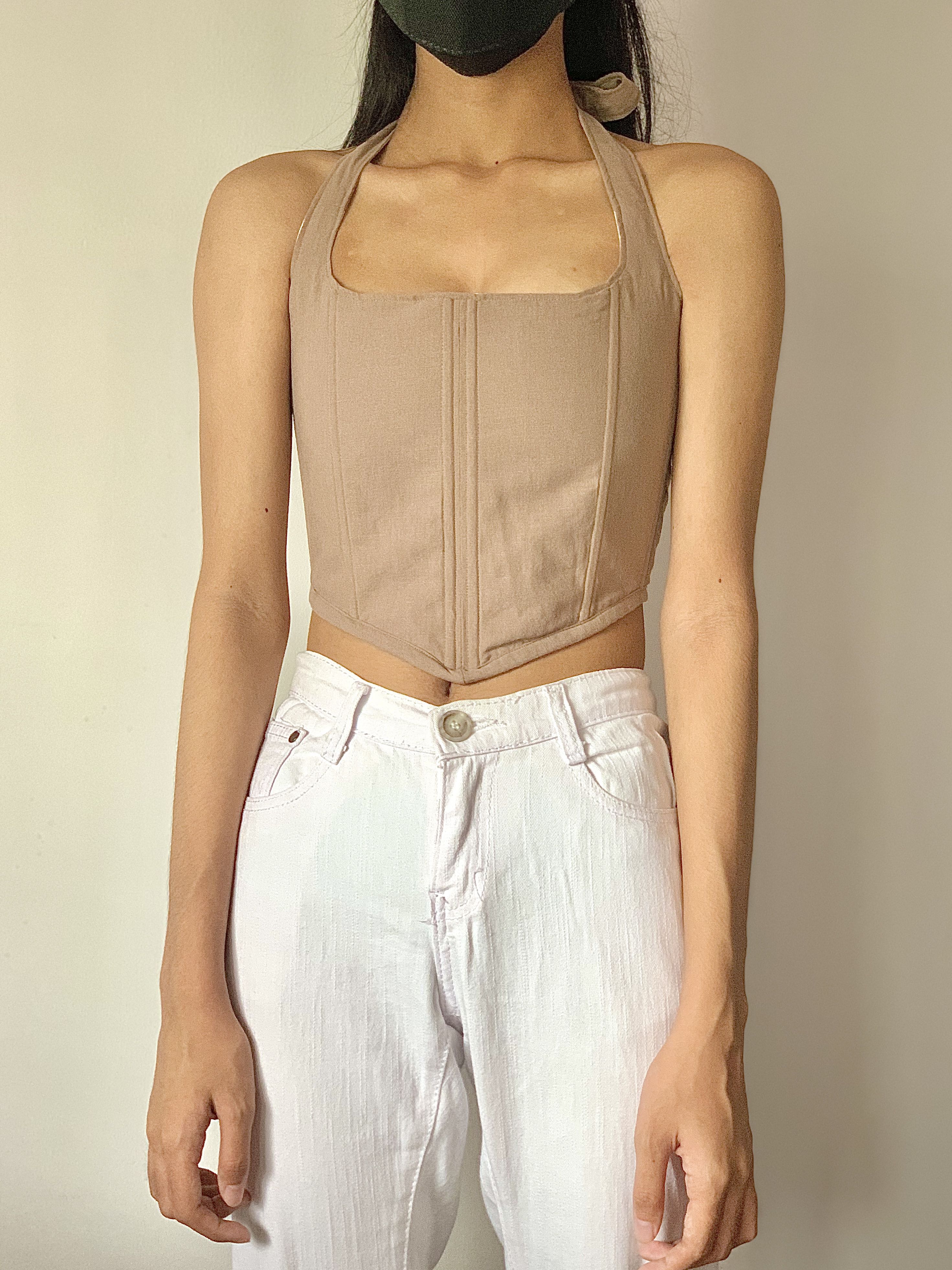 linen corset top (taupe, neutral) , Women's Fashion, Tops, Others Tops ...
