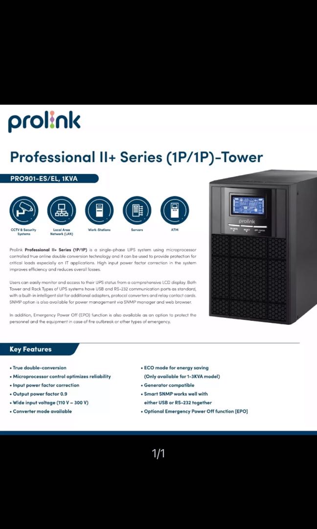 Prolink PRO901ES 1000VA / 900W Pure Sine-Wave Online UPS ...