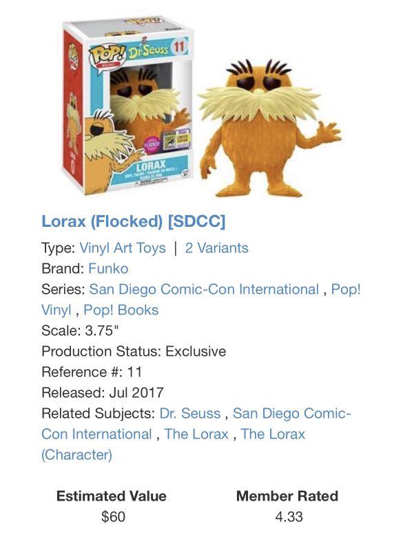 FUNKO POP Dr. Seuss The Lorax Flocked | 2017 San Diego Comic Con ...
