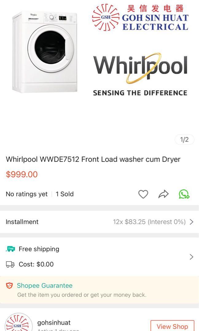 WHIRLPOOL WWDE 7512 7KG WASHER+5KG DRYER 2IN1, TV & Home Appliances ...