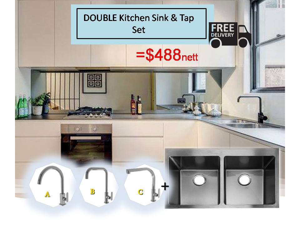 Kitchen Double Bowl Stainless Steel top mount Basin + Tap Set ...