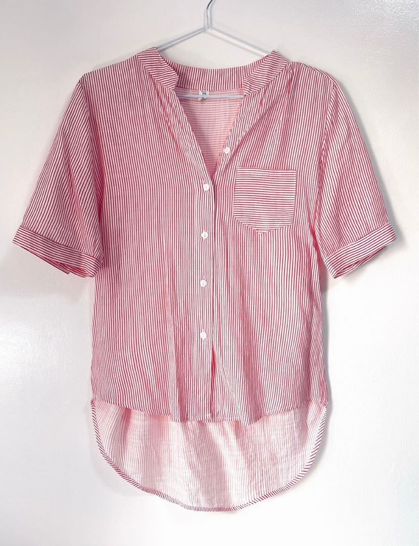Red Pin Stripe Korean Buttondown Blouse, Women's Fashion, Tops, Blouses ...