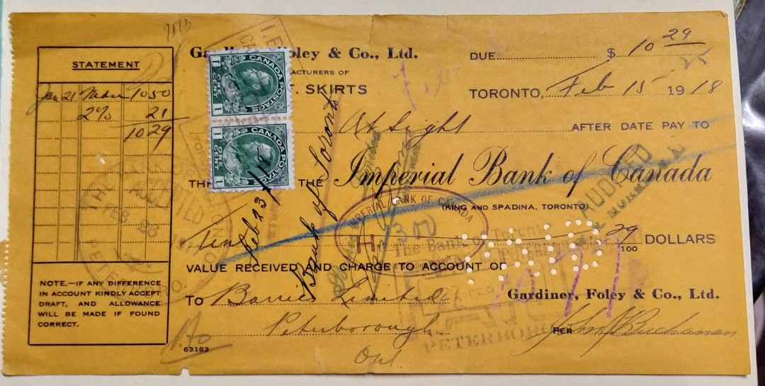 1918 Canada Cheque**Imperial Bank of Canada** with 2 stamps King George ...