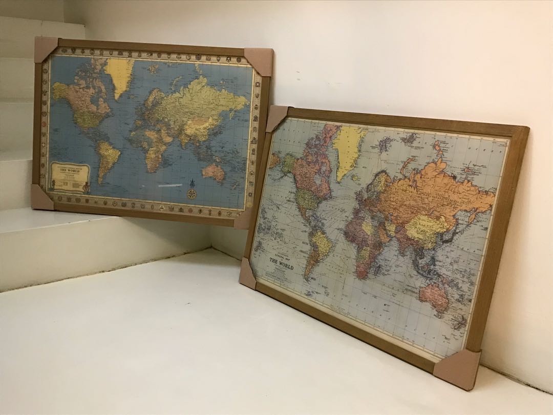 Vintage looking World Map Posters framed, Hobbies & Toys, Stationery ...