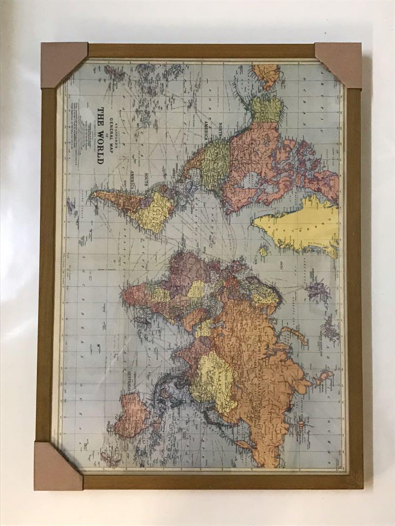 Vintage looking World Map Posters framed, Hobbies & Toys, Stationery ...