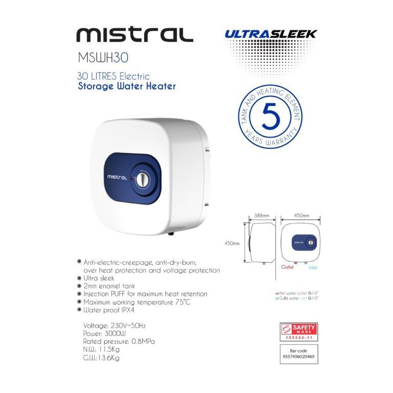 MISTRAL 30 L ELECTRIC STORAGE WATER HEATER MSWH30, TV & Home Appliances ...