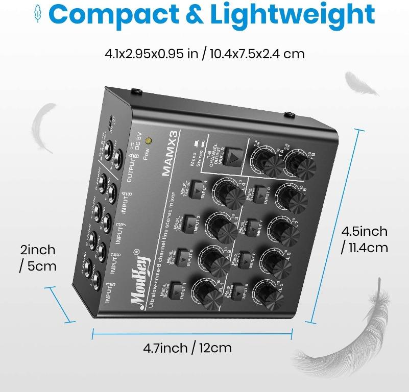 Moukey Mini Audio Mixer Line Mixer,DC 5V, 8-Stereo Ultra, Low-Noise 8-Channel for Sub-Mixing ...