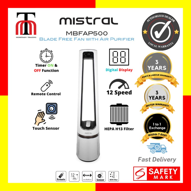 Mistral Blade Free Fan with Air Purifier & Remote Control MBFAP500R ...