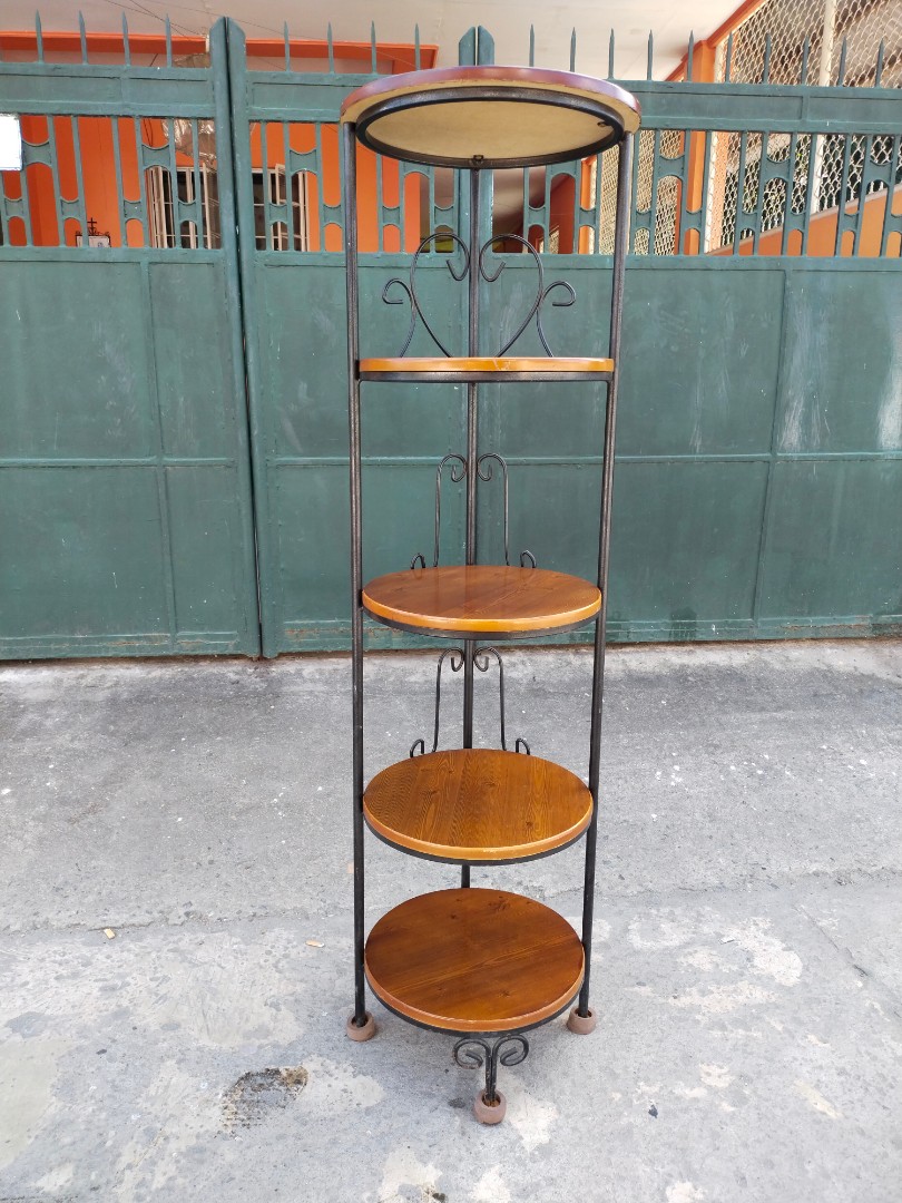 LARGE WROUGHT IRON CORNER SHELF STAND WITH 5 WOODEN SHELVES, Furniture ...