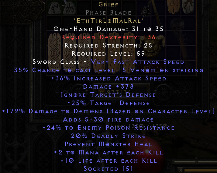 Diablo 2 Resurrected (D2R) - Grief Rune Word Phase Blade, Video Gaming ...