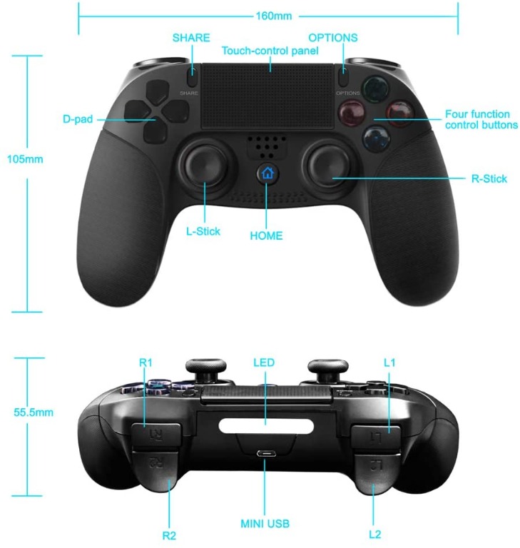 P4 Wireless Controller, Bluetooth Joystick Game Controller with Headphone Jack and USB Charging ...