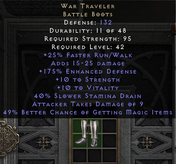 Diablo 2 Resurrected War Traveler 49%MF, 132Def (Boots), Video Gaming ...