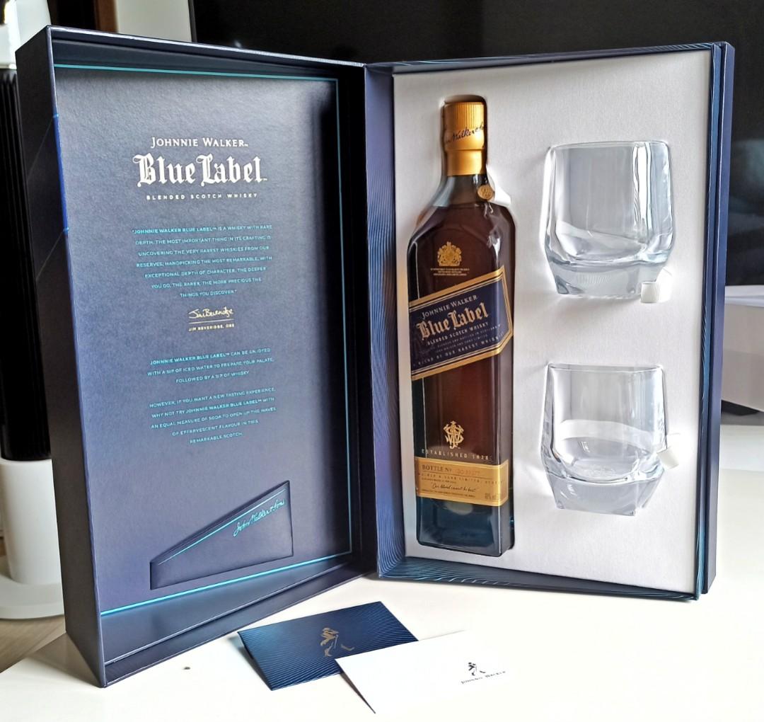 Johnnie walker Blue label + 2 crystal glass, Food & Drinks, Alcoholic ...