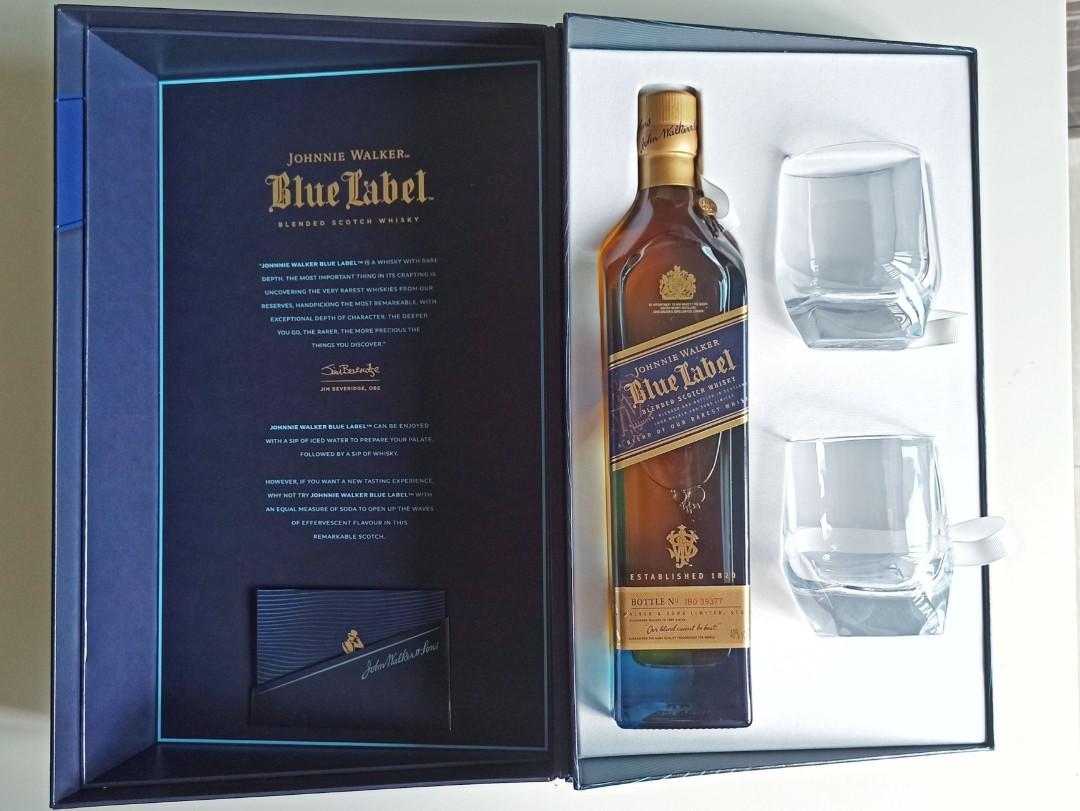 Johnnie walker Blue label + 2 crystal glass, Food & Drinks, Alcoholic ...