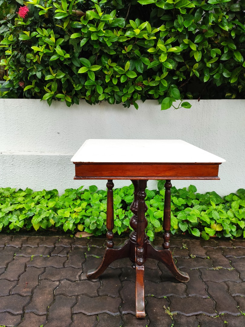 Vintage marble kopitiam table with varnished wooden legs, Furniture ...